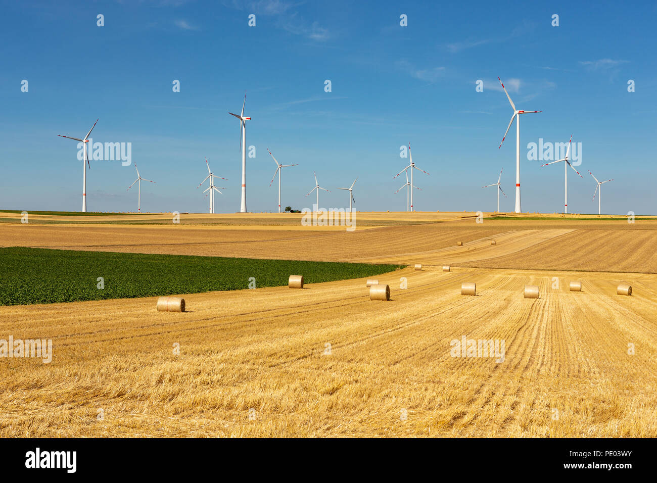 Beautiful yellow farmland landscape with hay bales and white wind ...