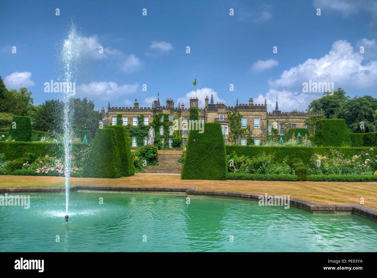 HDR image of the Hall and swimming pool fountain at Renishaw Hall and ...