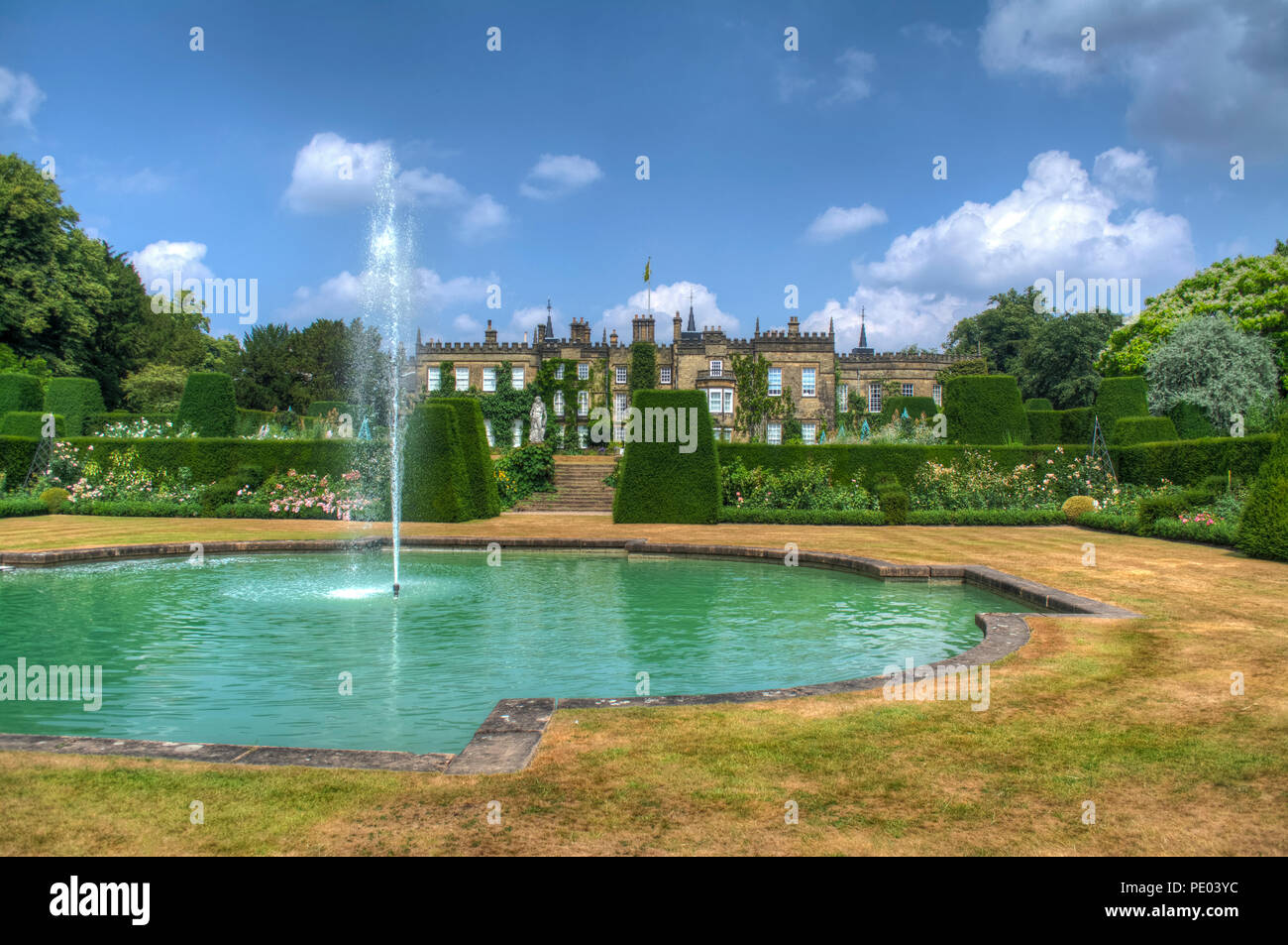 HDR image of the Hall and swimming pool fountain at Renishaw Hall and ...