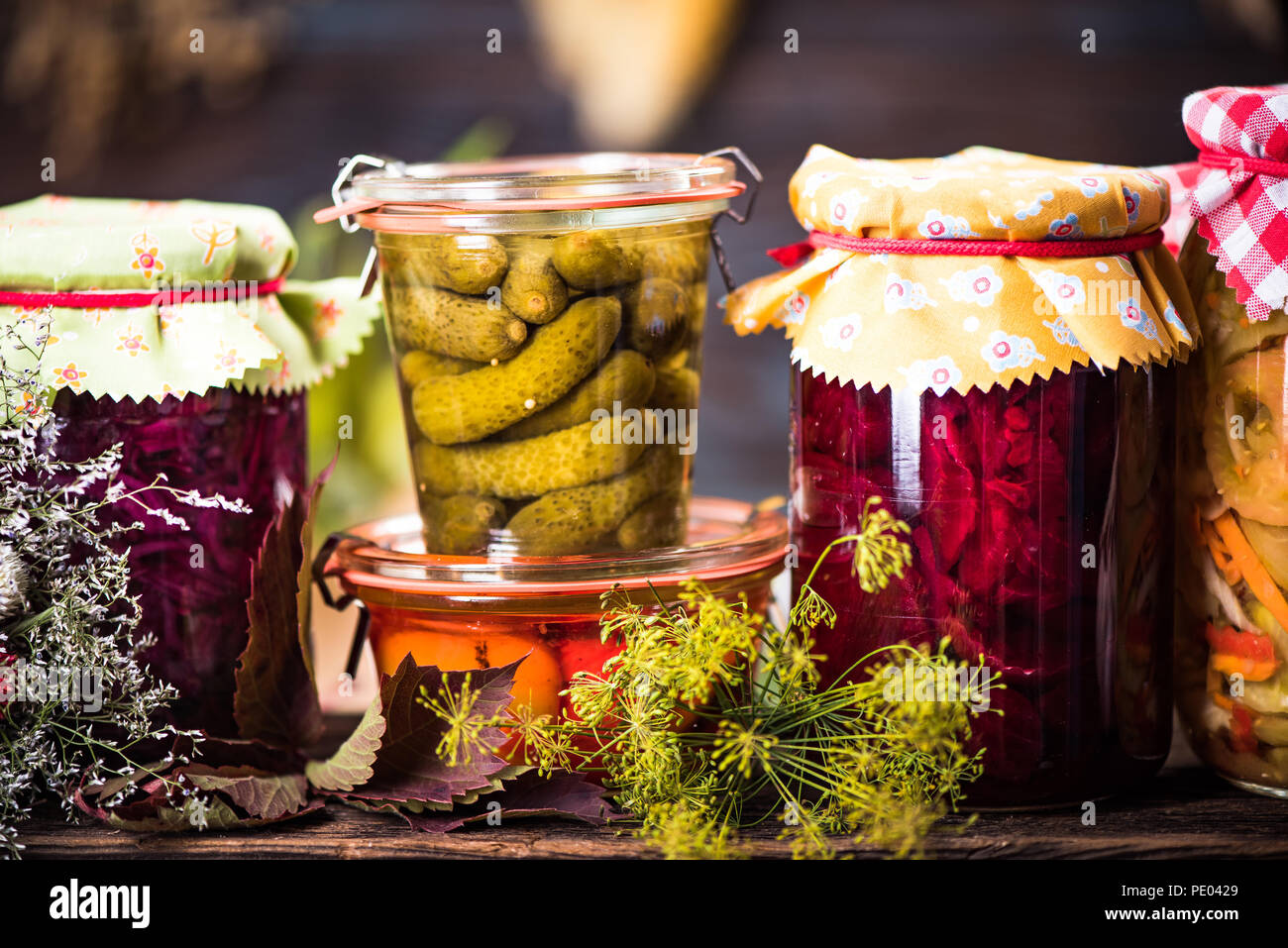 Healthy Diet, Marinated Fermented Pickled Vegetables in jars Stock ...