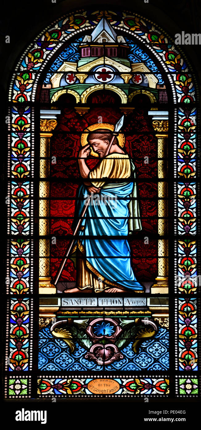 A stained glass window depicts Saint Thomas at the Cathedral Basilica ...