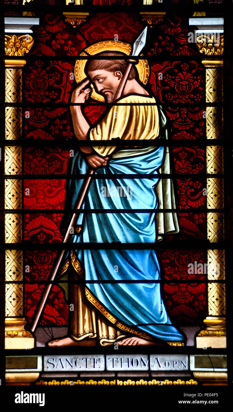 A stained glass window depicts Saint Thomas at the Cathedral Basilica ...