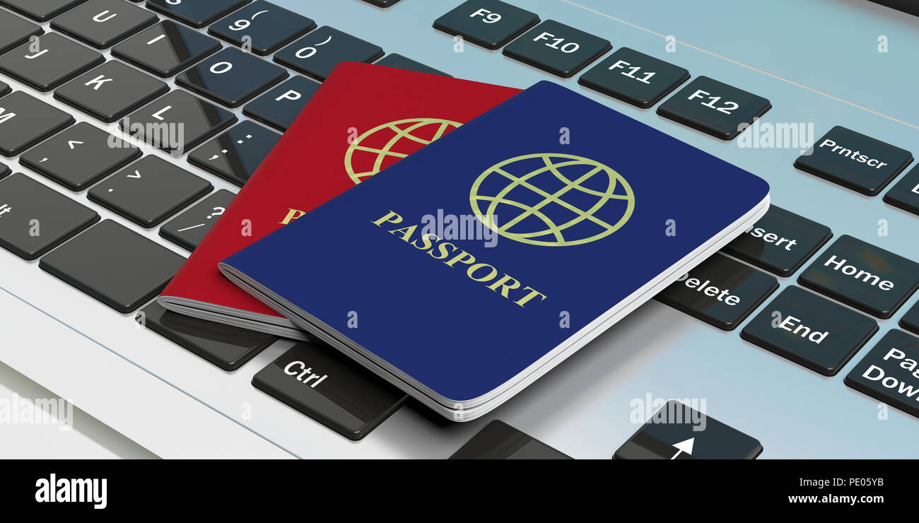 Air travelling and technology concept, passports and laptop. Two ...