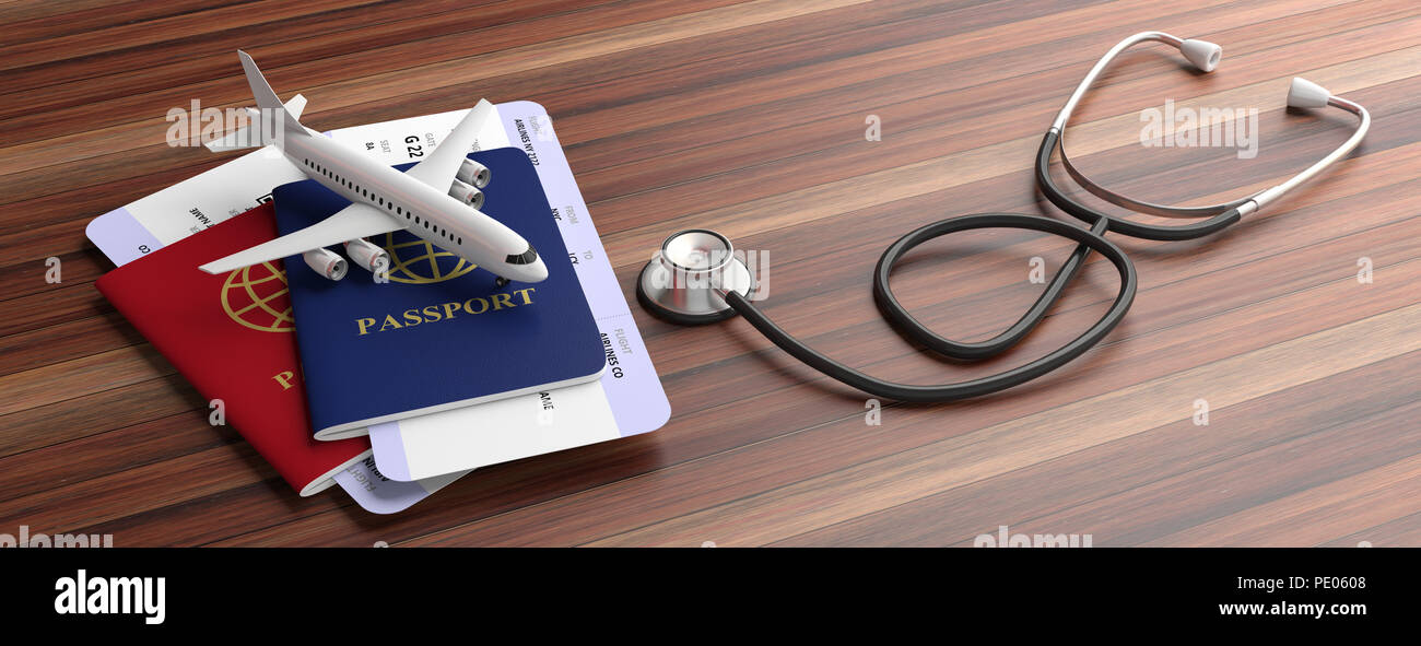 Air Travelling For Health Concept Blue And Red Passports And Medical