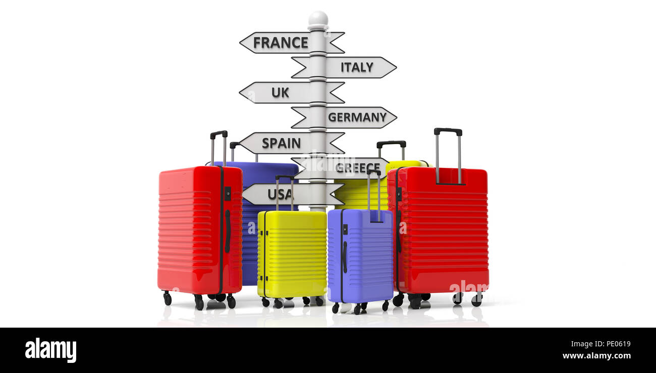 Travel destinations concept. Bright colors suitcases and countries ...