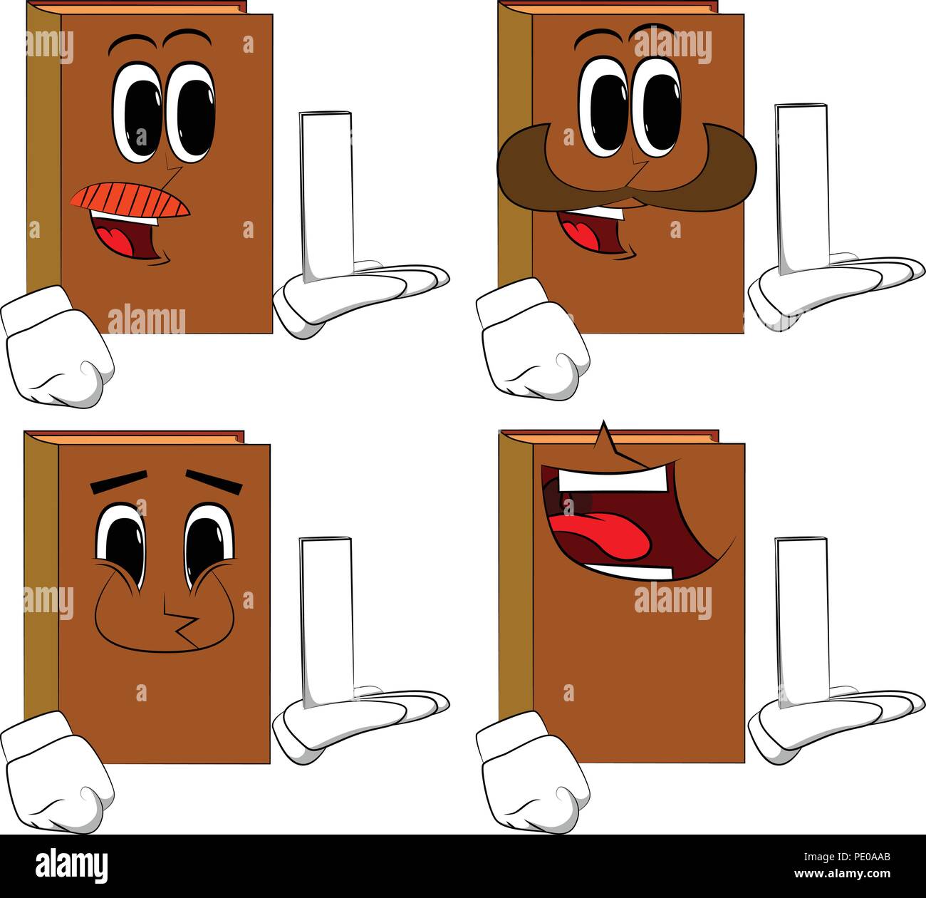 Books holding white tall box. Cartoon book collection with happy faces ...