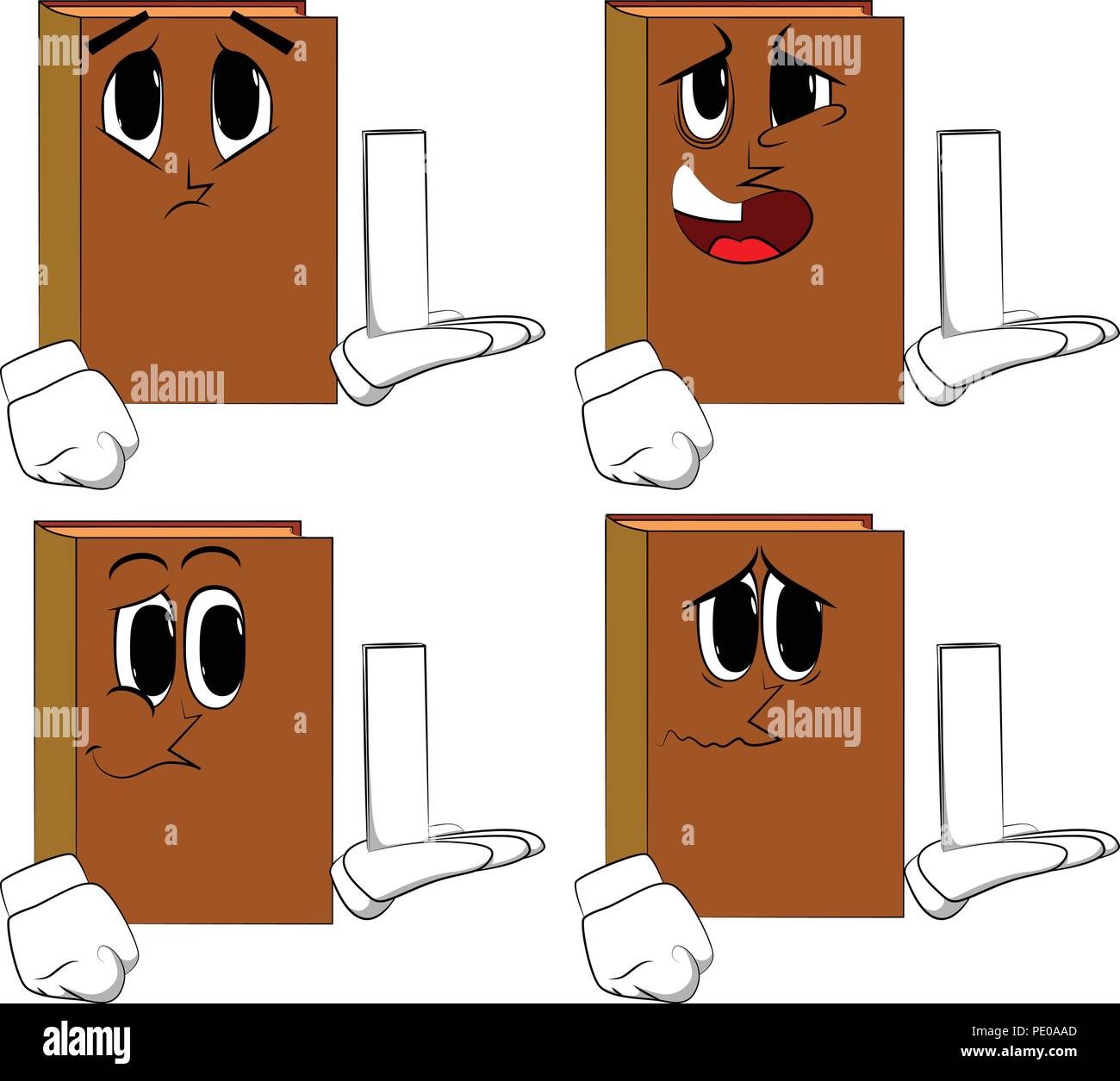 Books holding white tall box. Cartoon book collection with sad faces ...