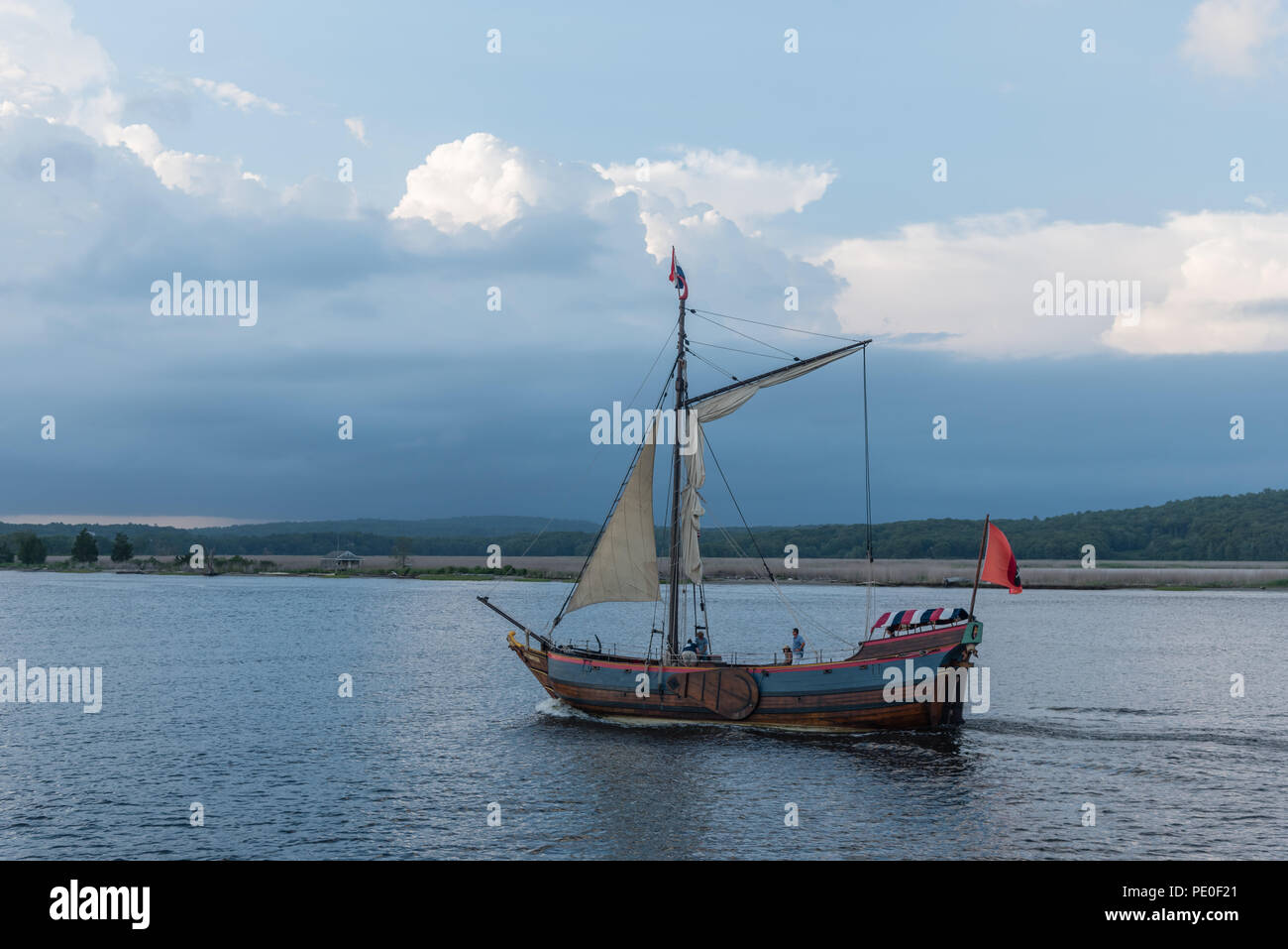 medieval boat replica in the delta of the Connecticut river at sunset ...