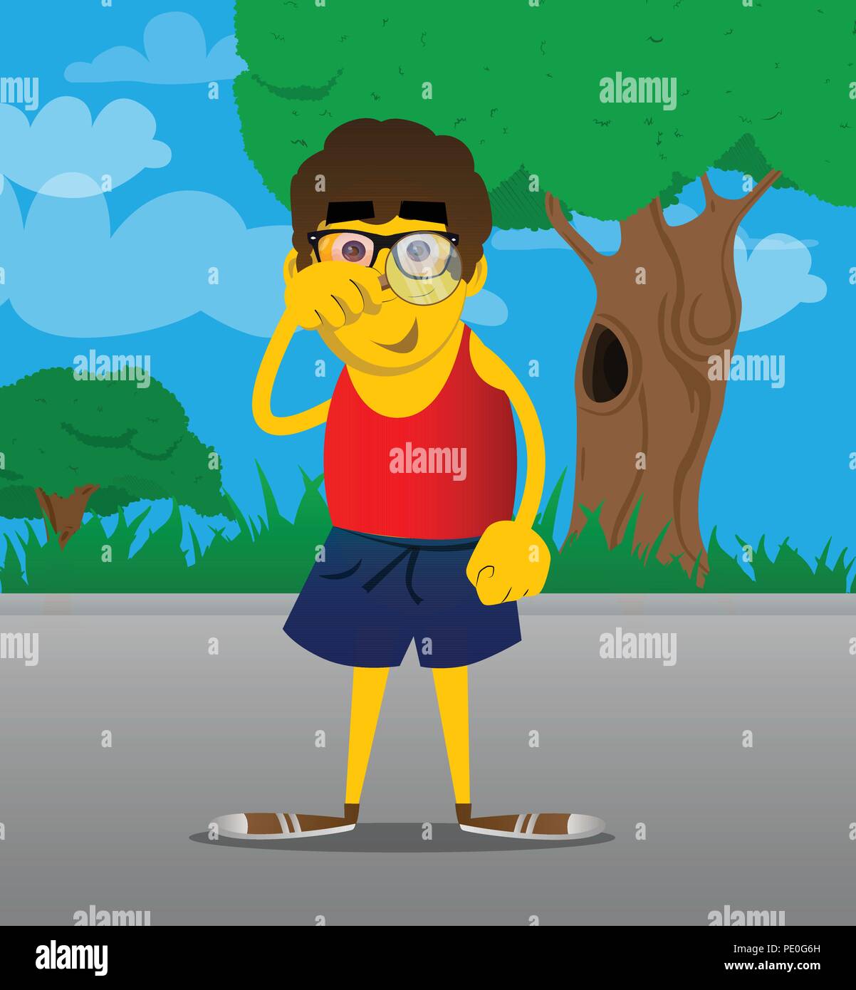 Yellow man holding a magnifying glass. Vector cartoon illustration ...