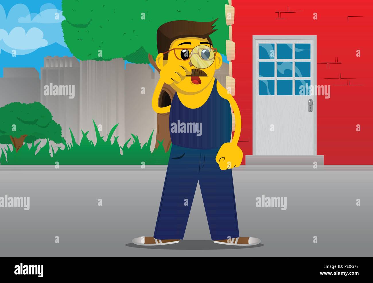 Yellow man holding a magnifying glass. Vector cartoon illustration ...