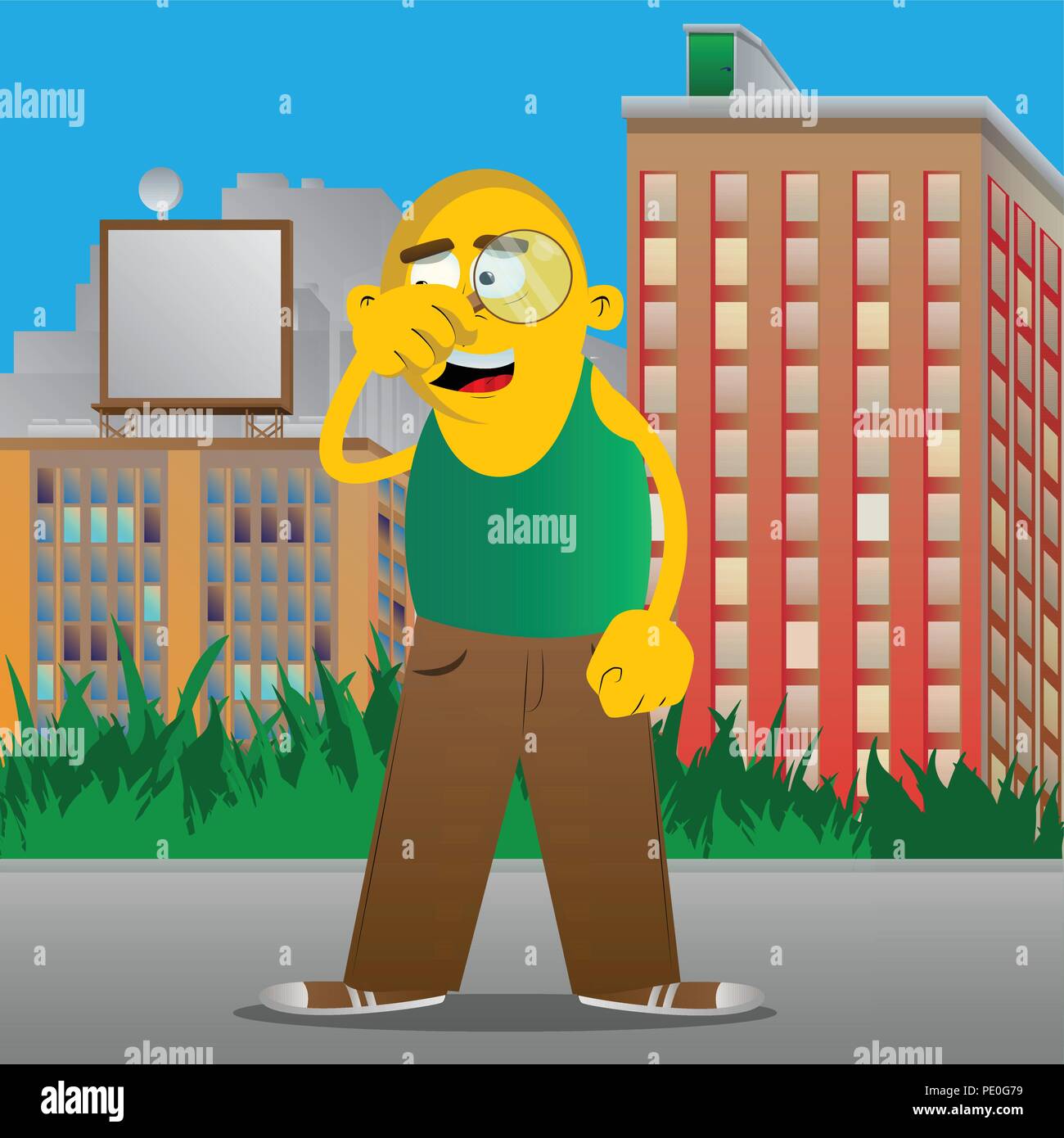 Yellow man holding a magnifying glass. Vector cartoon illustration ...