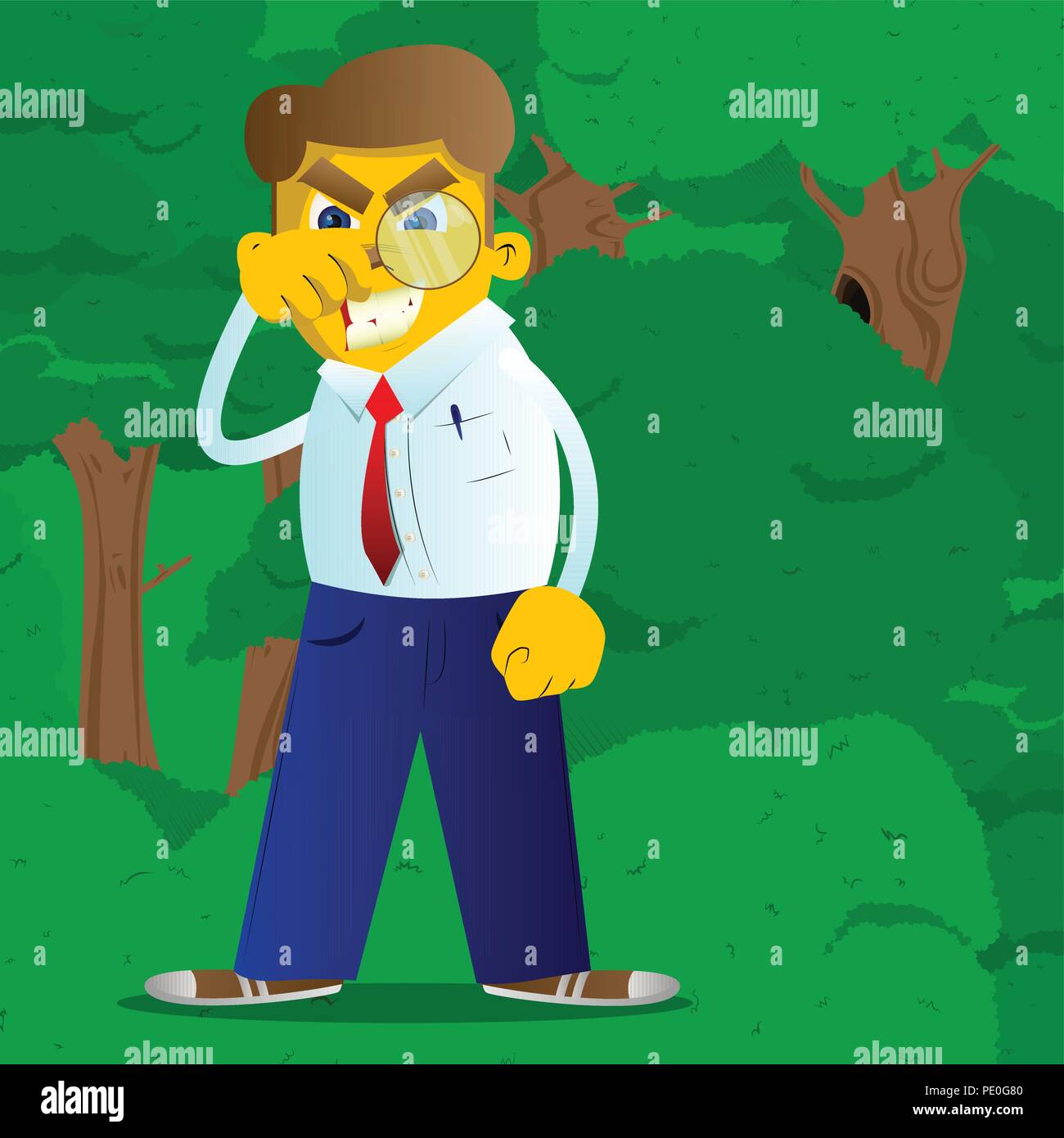 Yellow man holding a magnifying glass. Vector cartoon illustration ...