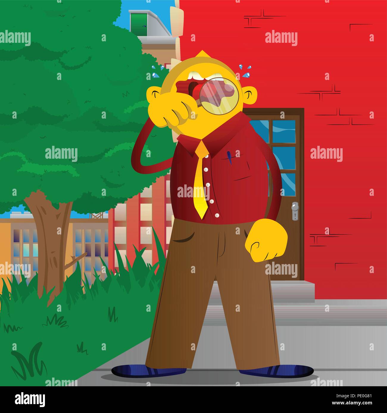 Yellow man holding a magnifying glass. Vector cartoon illustration ...