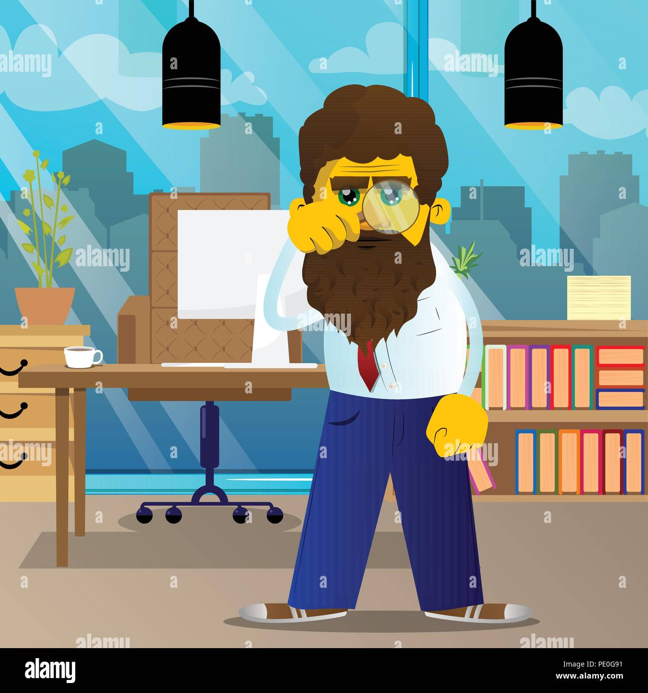 Yellow man holding a magnifying glass. Vector cartoon illustration ...