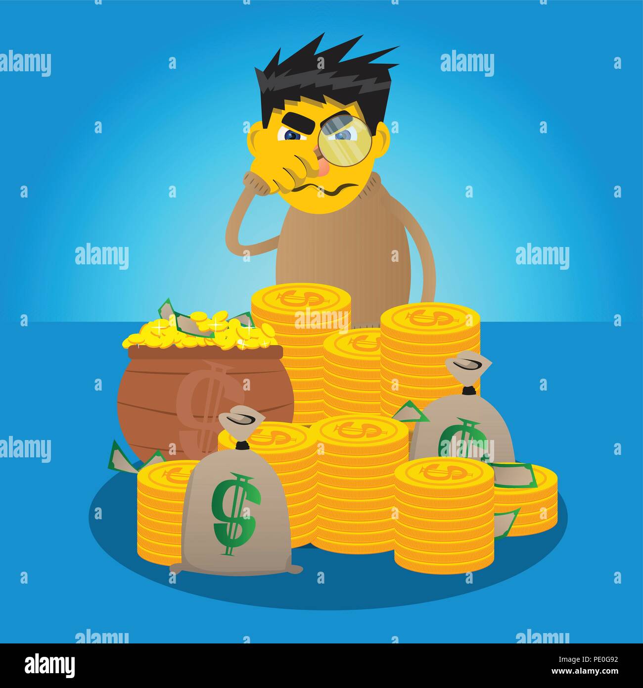Yellow man holding a magnifying glass. Vector cartoon illustration ...