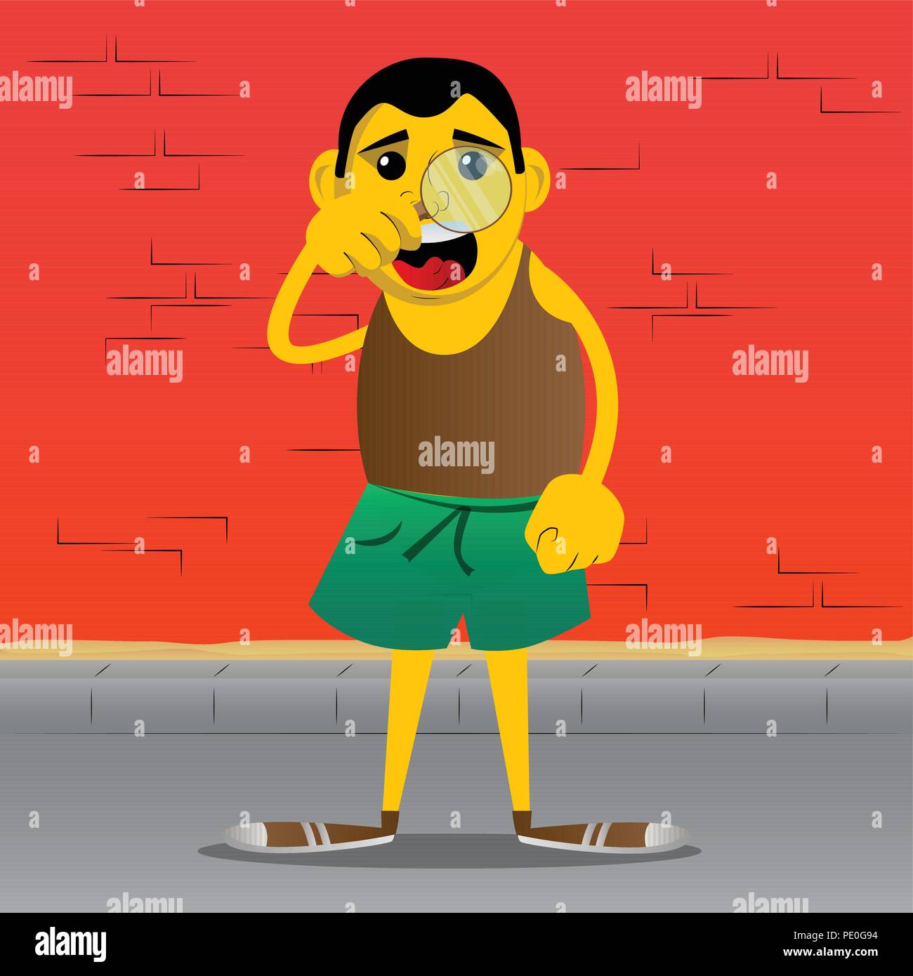 Yellow man holding a magnifying glass. Vector cartoon illustration ...