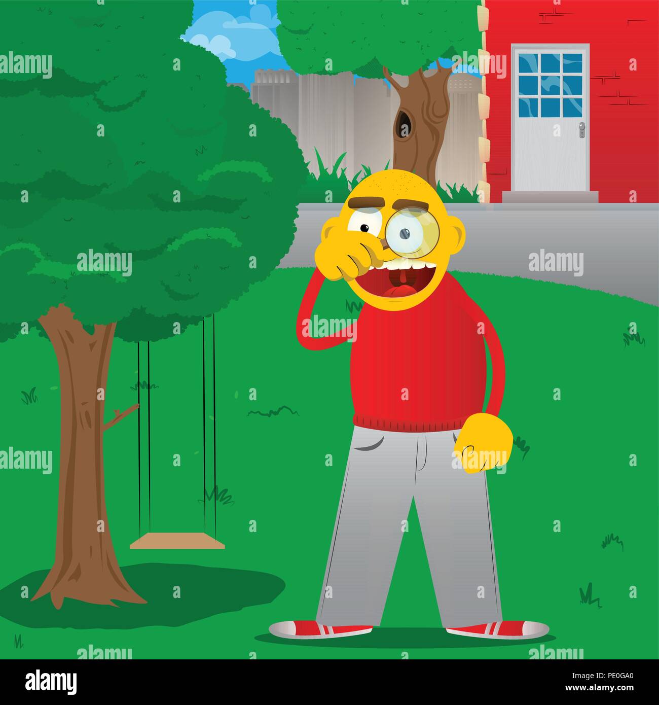 Yellow man holding a magnifying glass. Vector cartoon illustration ...