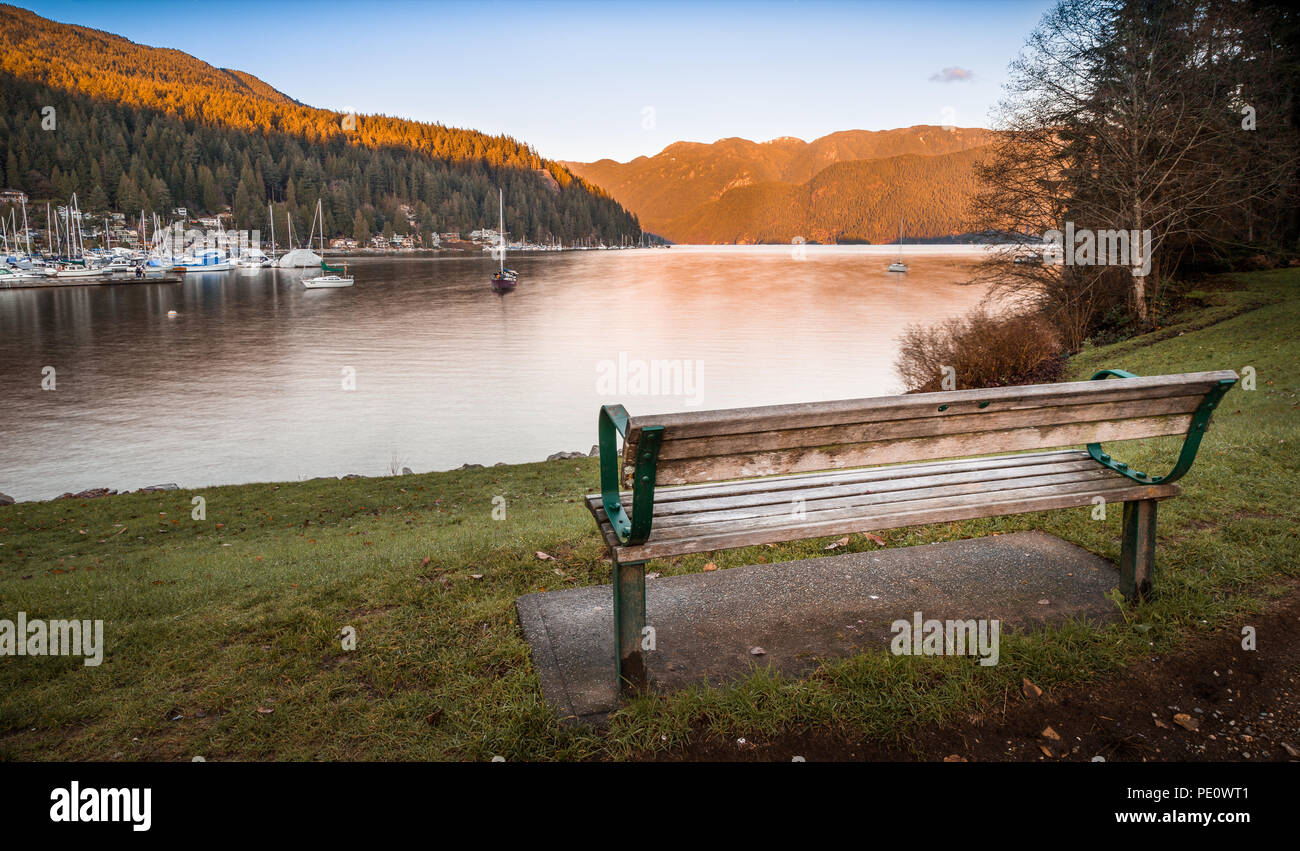 Park bench overlooking Deep Cove, in North Vancouver Stock Photo - Alamy