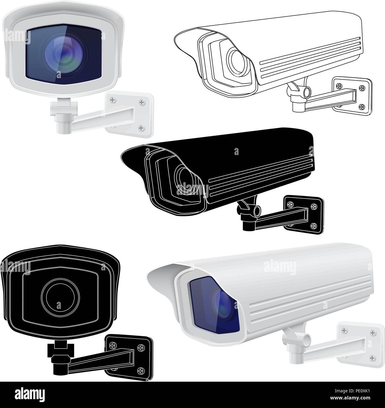 Security camera set. CCTV surveillance system. Outline drawing and 3d ...
