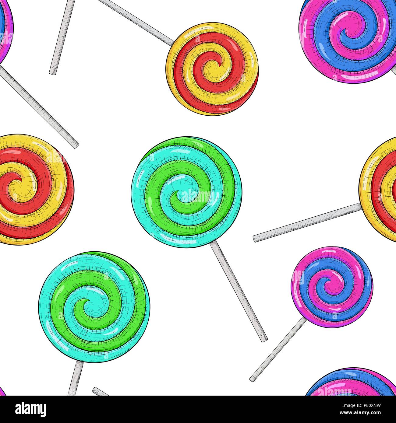 Swirl lollipops as seamless pattern. Colored hand drawn sketch Stock ...