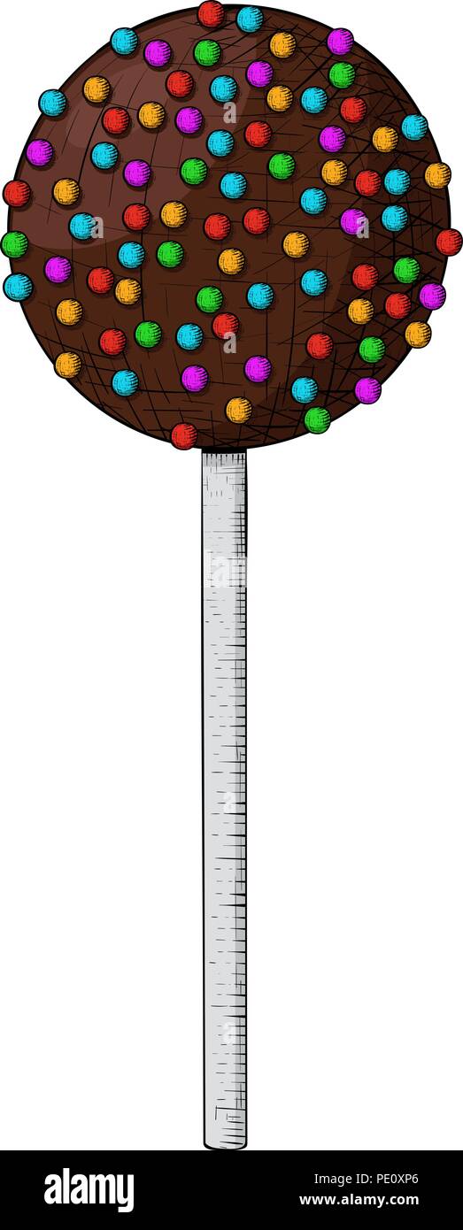 Cake pop. Chocolate dessert with colored sprinkles on a stick. Hand ...