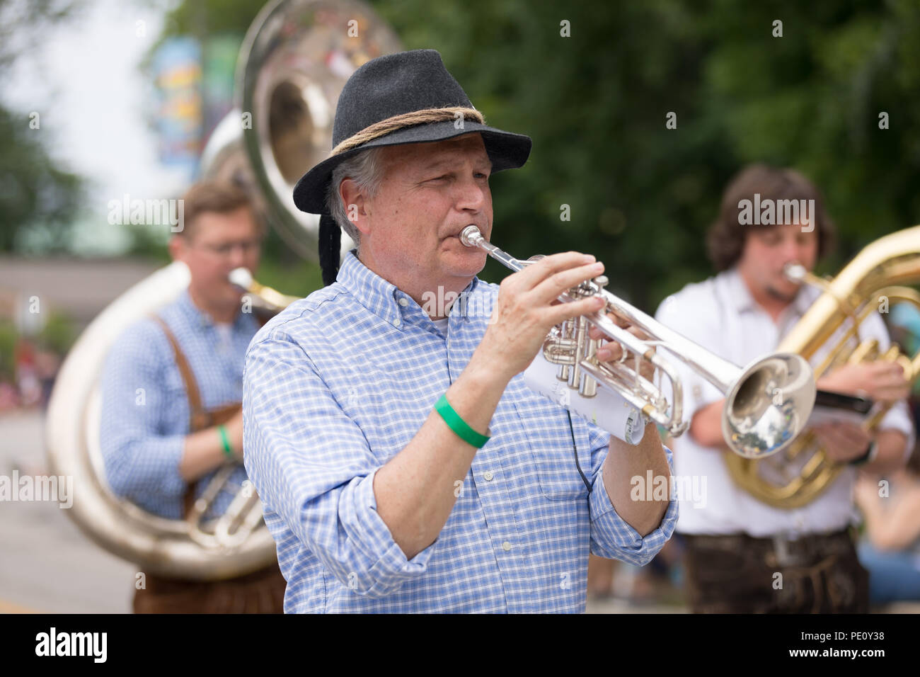 Cleveland, Ohio, USA - June 9, 2018 a marching band wearing traditional ...