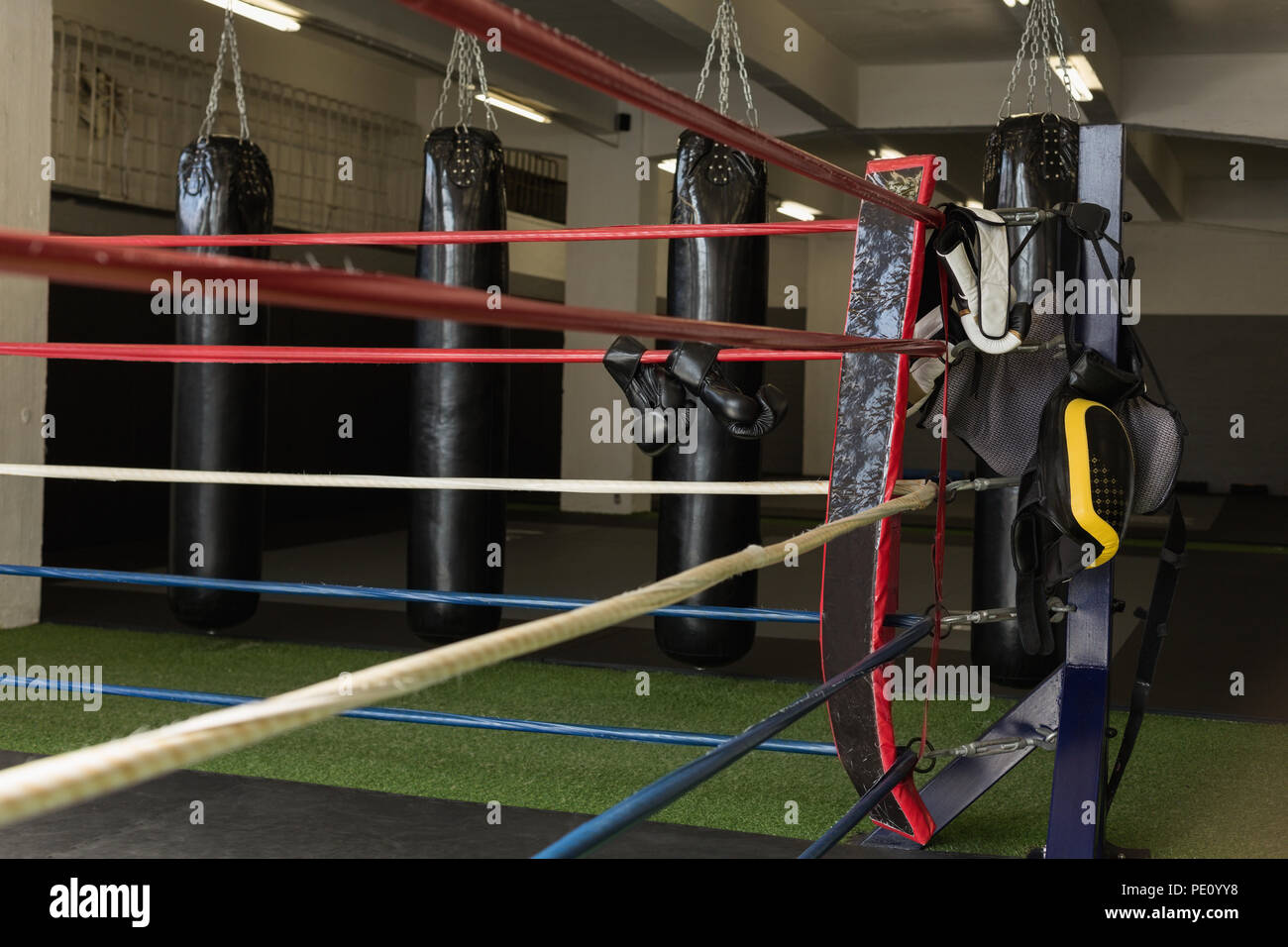 Punching bag and boxing equipments on the boxing ring Stock Photo - Alamy