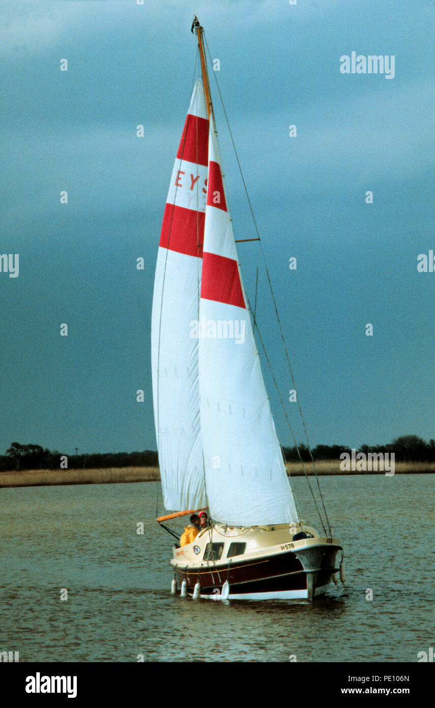 Bermuda rig sailing yacht on Horsey Mere, Norfolk Broads, England, 1983 ...