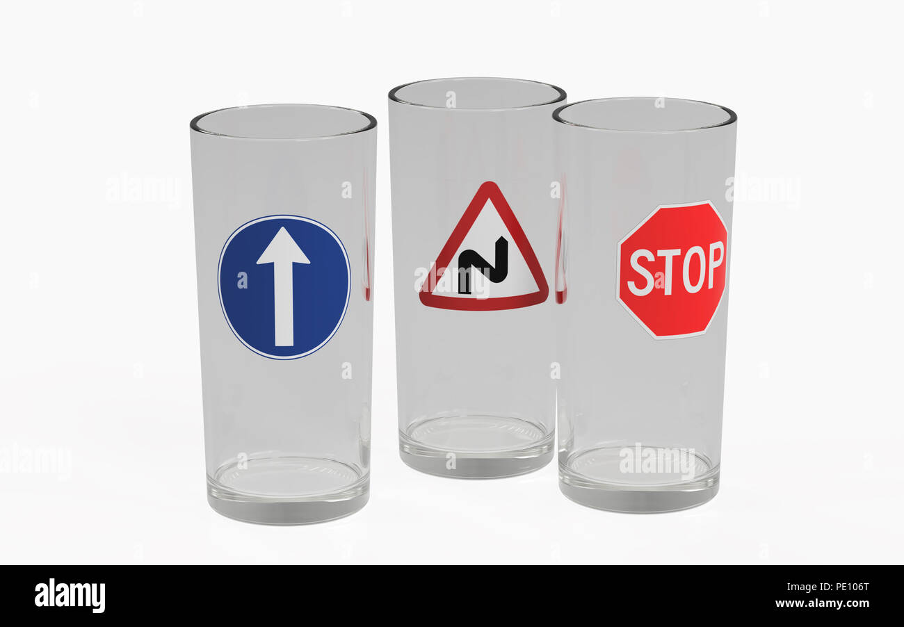 Three empty glass decorated with road signs. 3D rendering Stock Photo ...