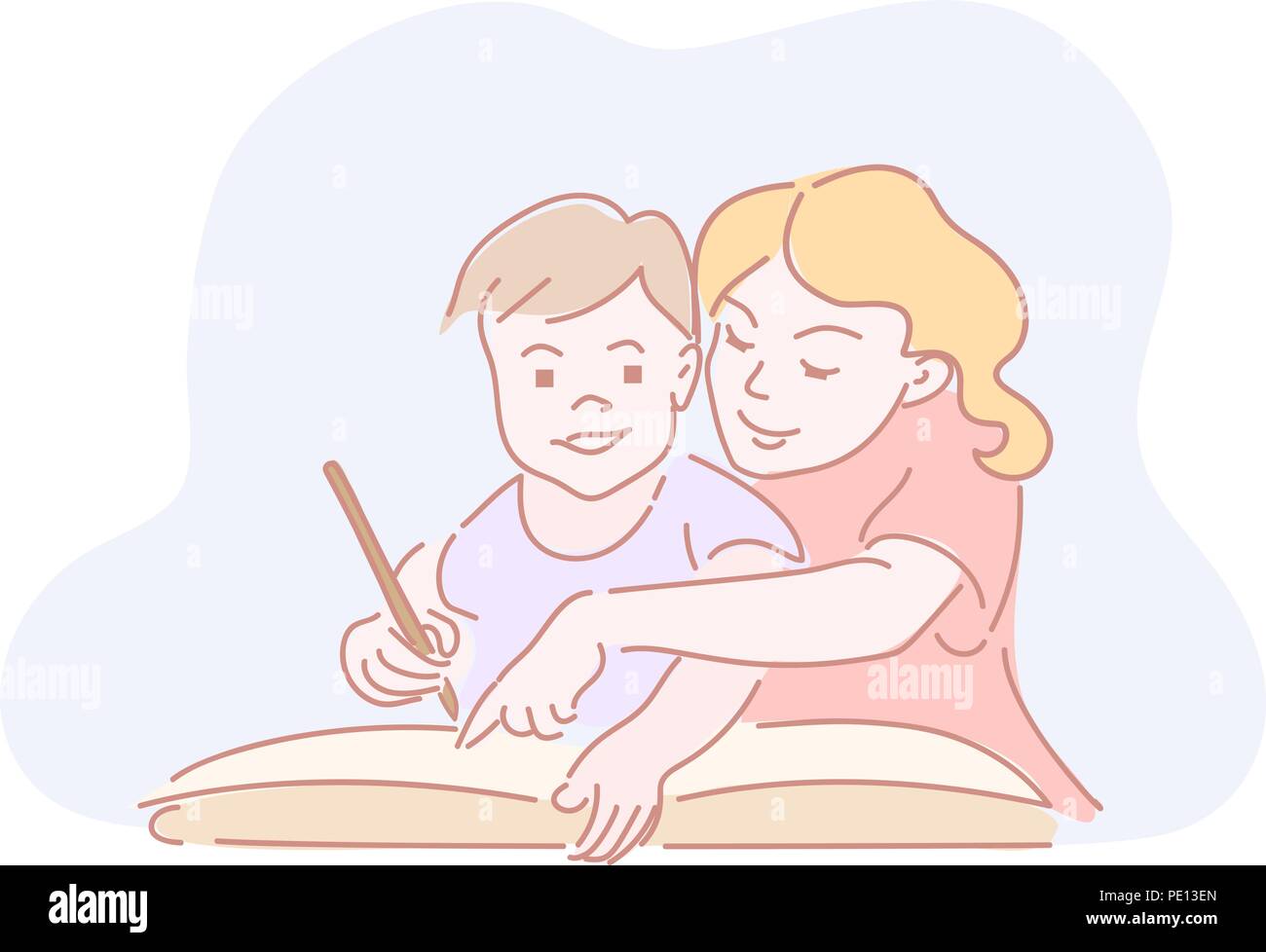 Two kids drawing homework in big book. Hand drawn style doodle design ...