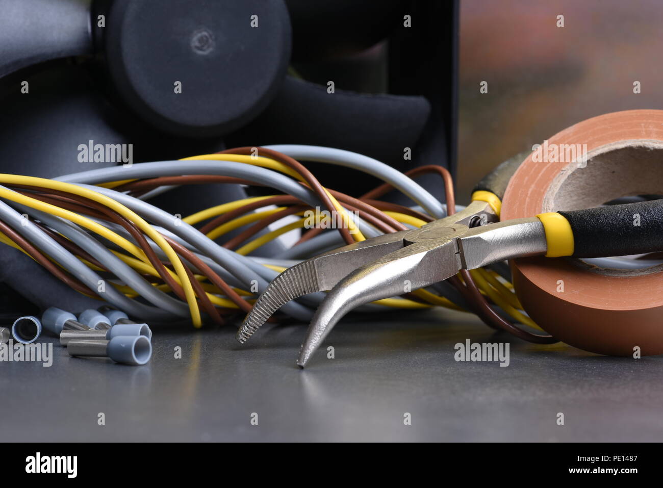 Tool and component used in repair electrical installations Stock Photo ...