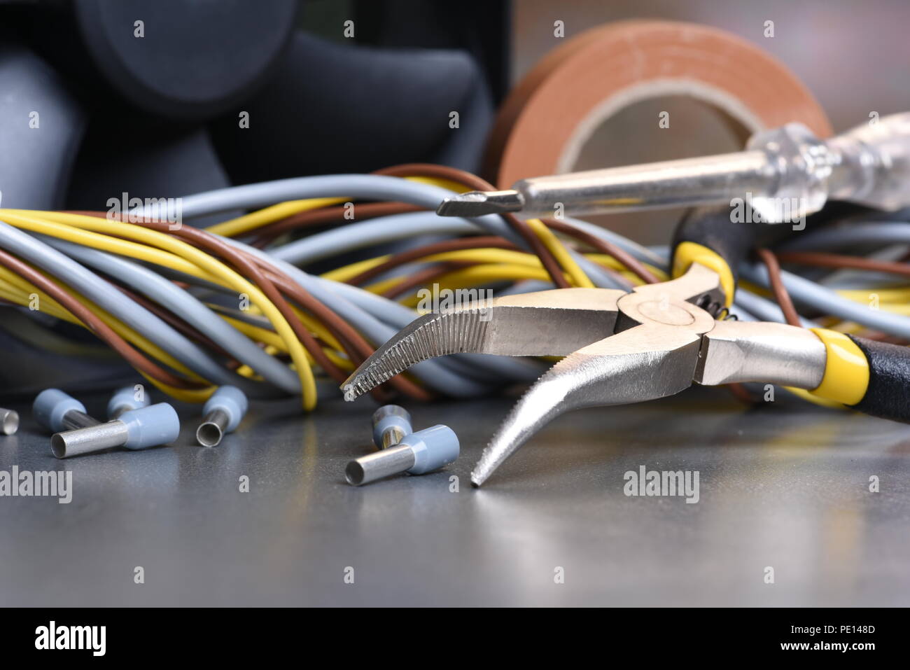 Tool and component used in repair electrical installations Stock Photo ...