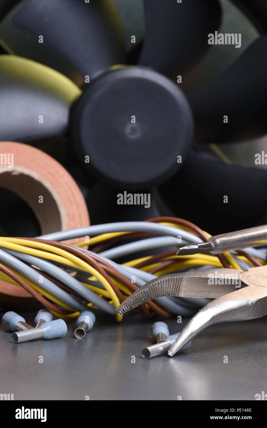 Tool and component used in repair electrical installations Stock Photo ...