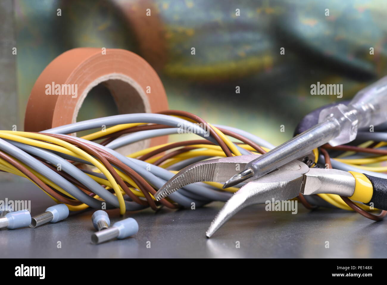 Components and tools for use in electrical installations Stock Photo ...