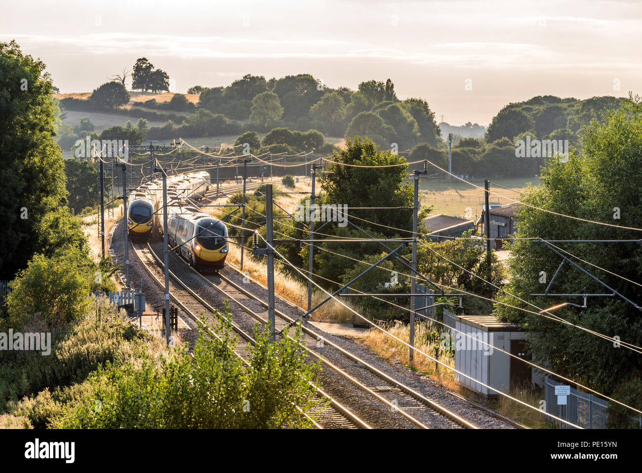Day view landscape British train on Railroad Stock Photo - Alamy