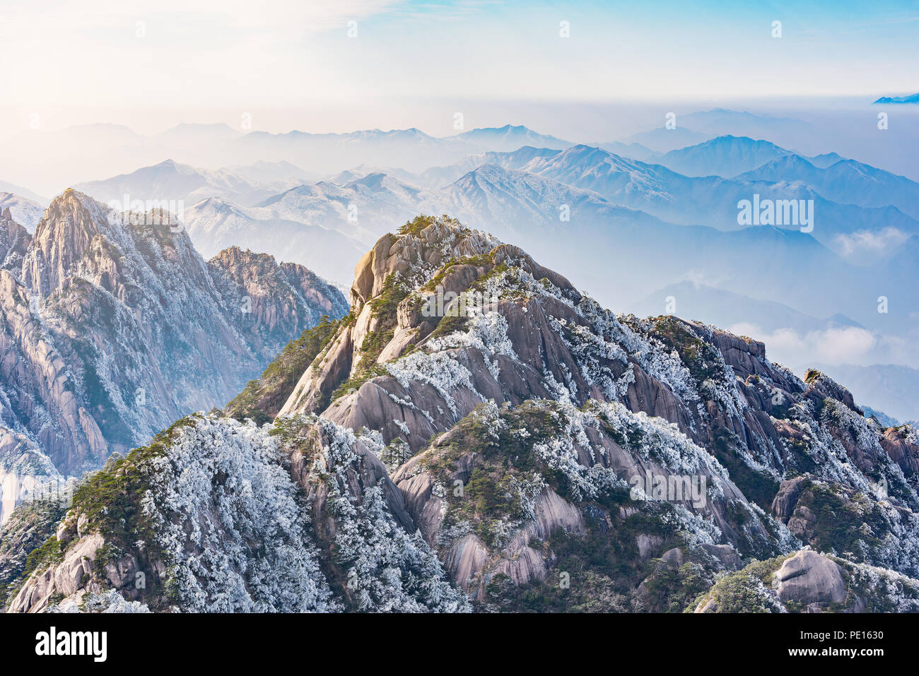 Morning view of the mountain peaks of Huangshan National park. China ...