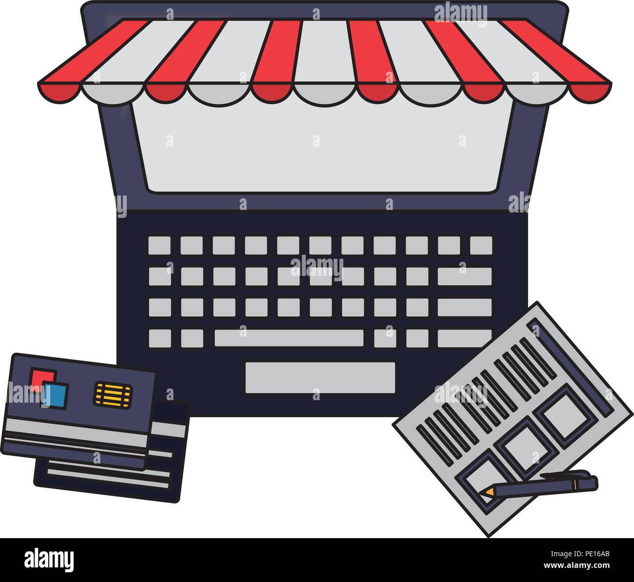 laptop computer bank cards document pen buy online vector illustration ...