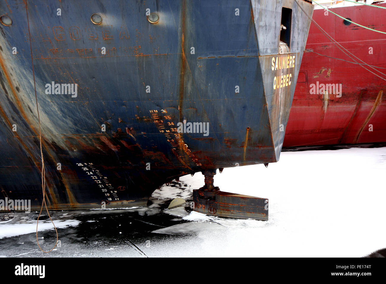 Rudder of cargo ship docked in frozen harbour in Montreal, Canada Stock ...