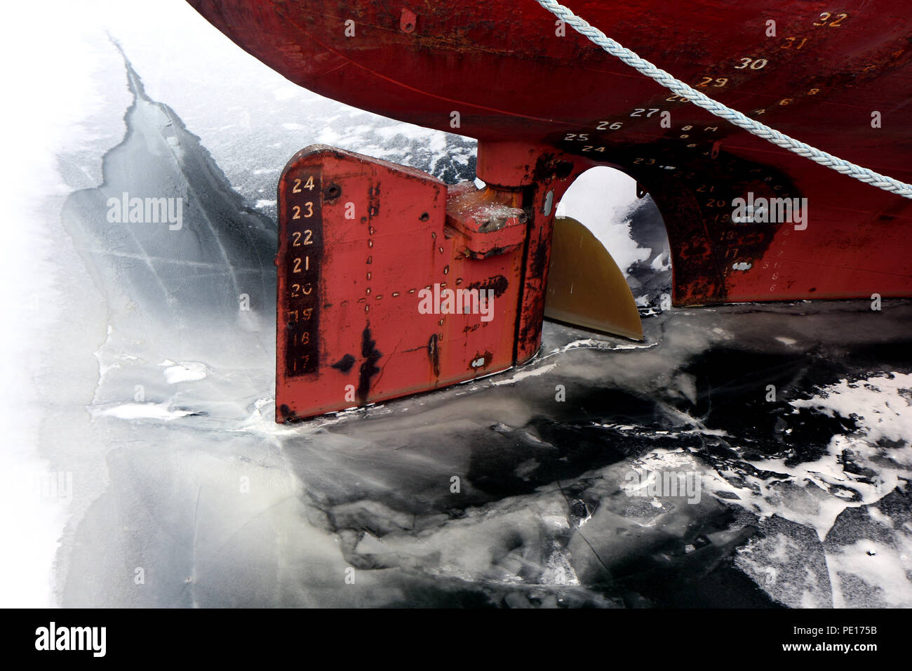 Rudder of cargo ship docked in frozen harbour in Montreal, Canada Stock ...