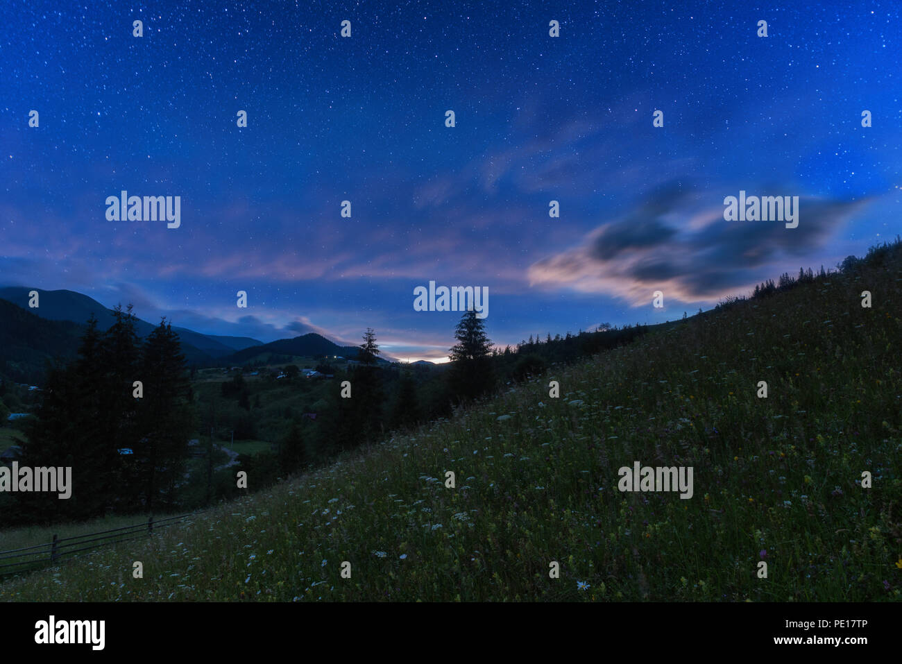 Warm summer night in alpine countryside, romantic nature landscape with ...