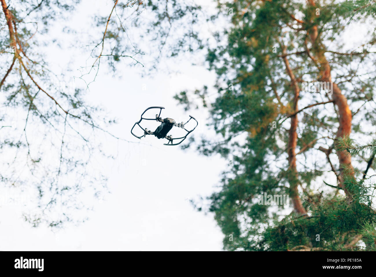 Small Smart Drone quadrocopter Flying on White Sky and Green trees ...