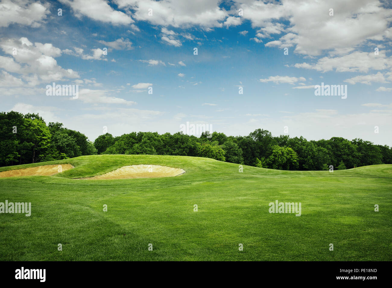 Trimmed lawn and sand bunkers for golfing on golf course, nobody ...