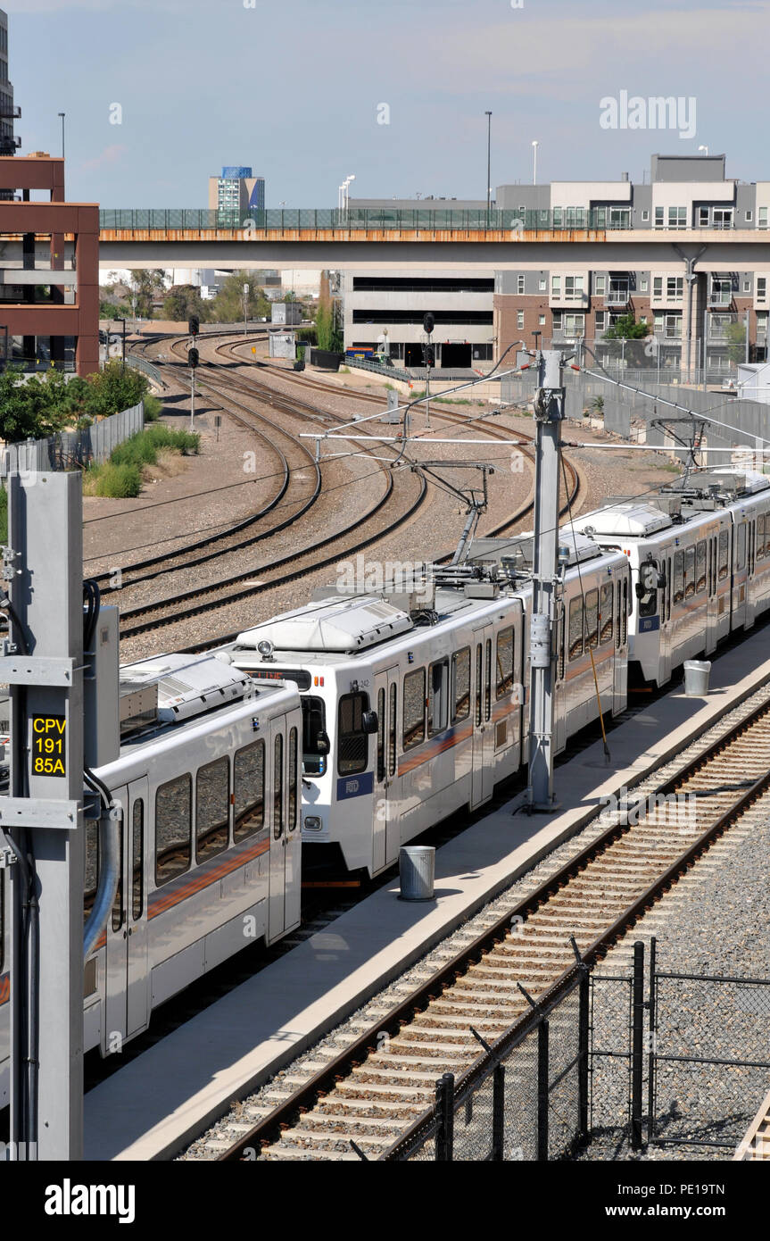 Vertical shot of a light rail train approaching the Union Station stop ...
