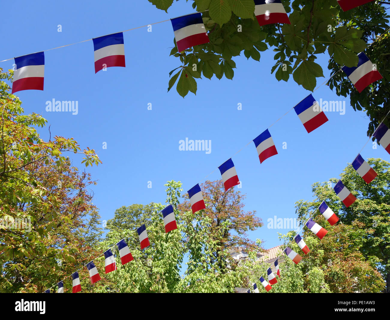 French String Flag Banners in rows floating in a summer blue sky in ...