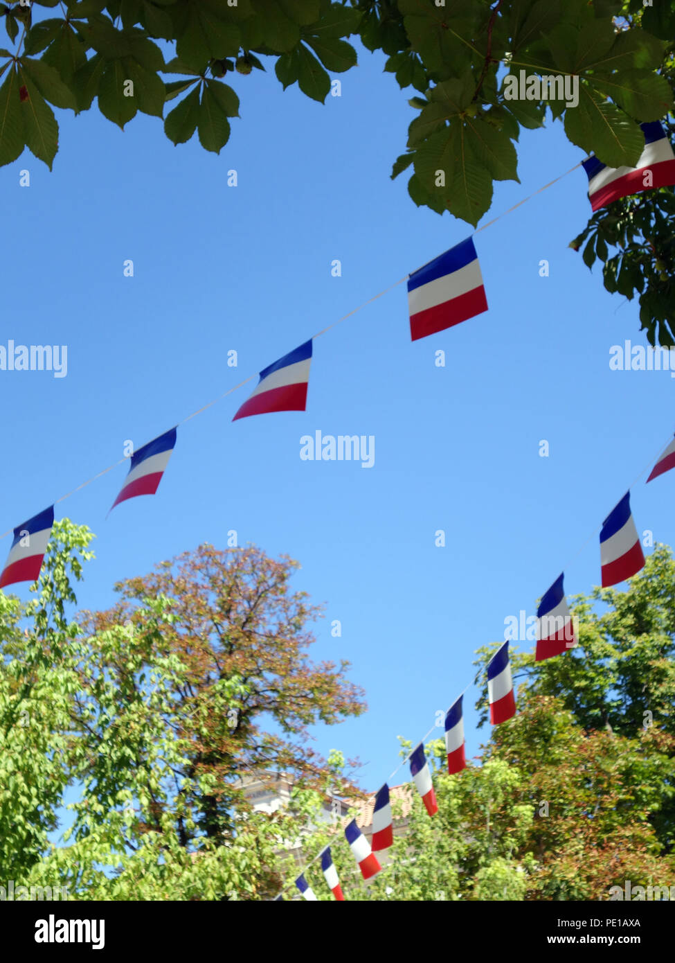 French String Flag Banners in rows floating in a summer blue sky in ...