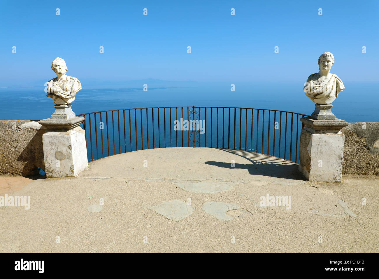 Stone statues on sunny Terrace of Infinity in Villa Cimbrone above the ...
