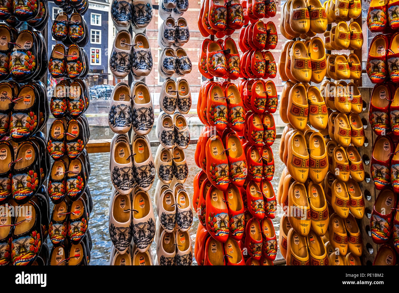 Typical painted wooden shoes in a Dutch souvenir shop in the old city ...