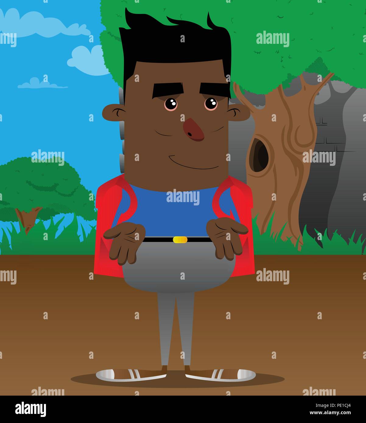 Schoolboy showing something with both hands or expressing don't know ...