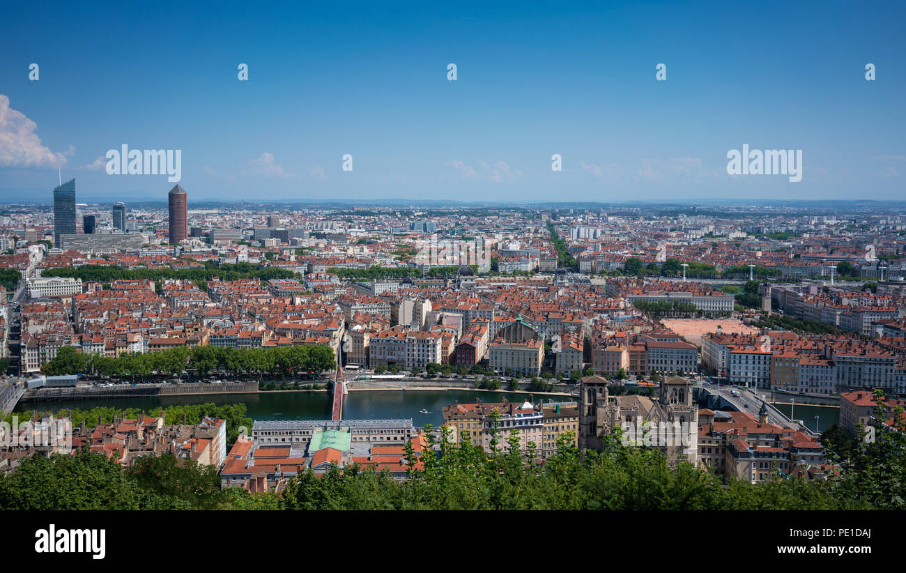 Lyon cityscape panorama from Part-dieu financial district to Bellecour ...