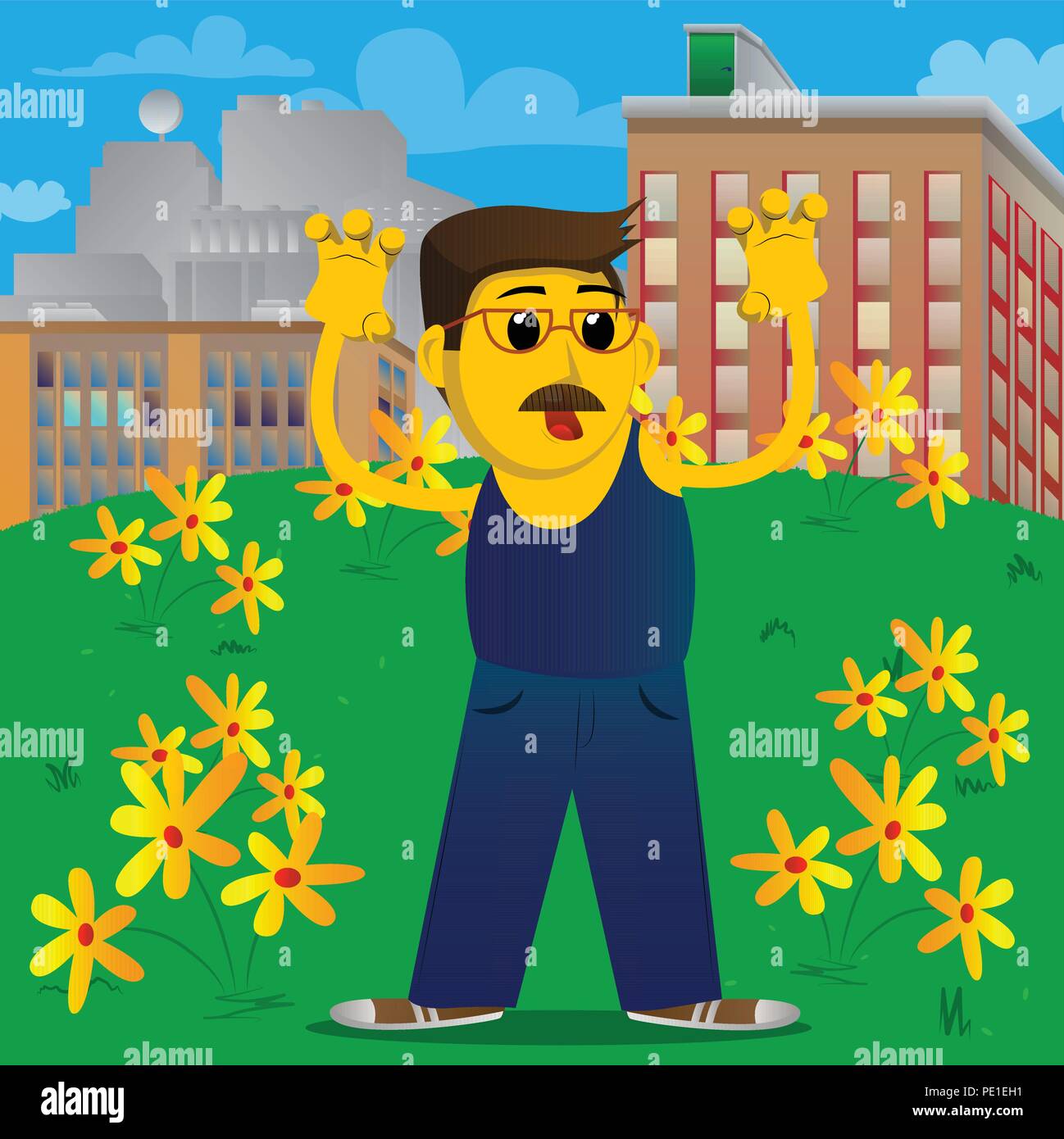 Yellow man is trying to scare you. Vector cartoon illustration Stock ...